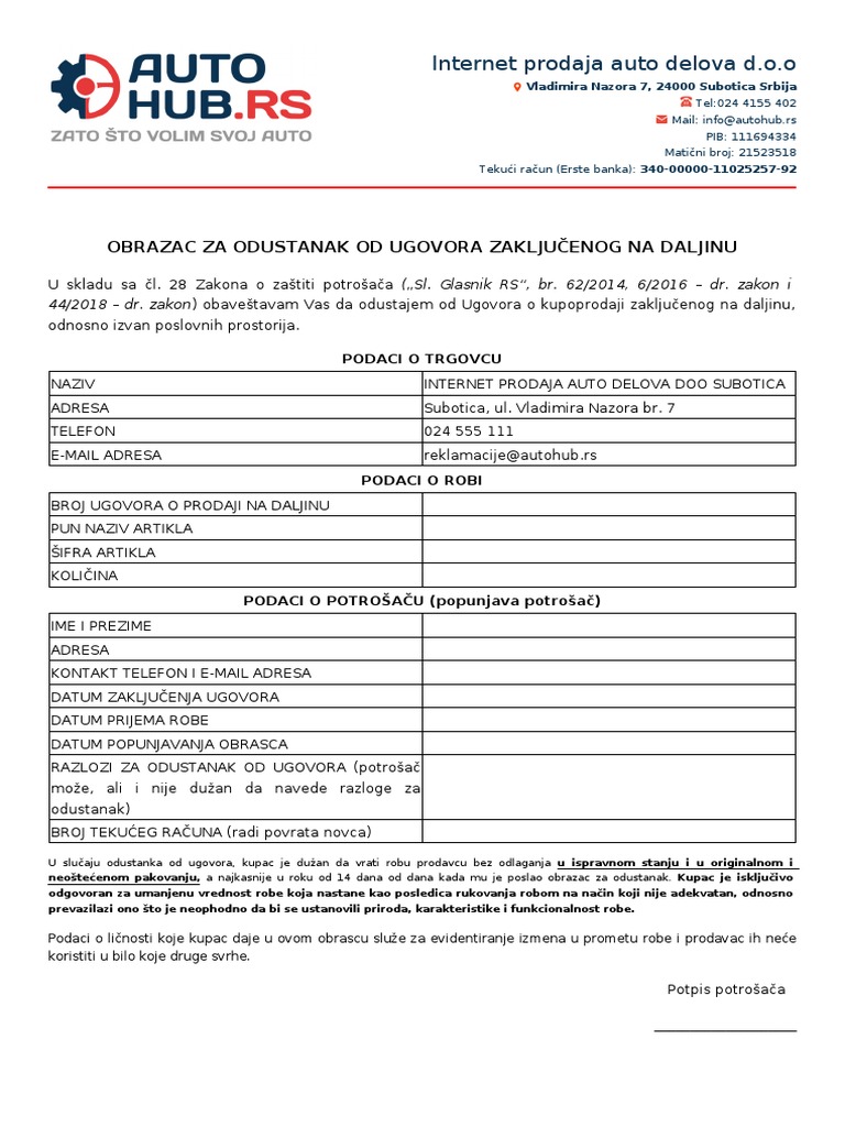 Internet Prodaja Auto Delova D.o.o: Obrazac Za Odustanak Od Ugovora ...