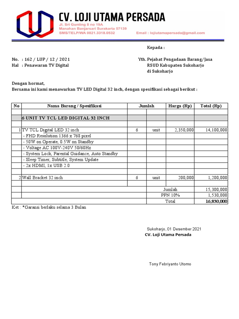 Penawaran & Invoice TV 32inch RSUD SUKOHARJO Desember 2021 | PDF