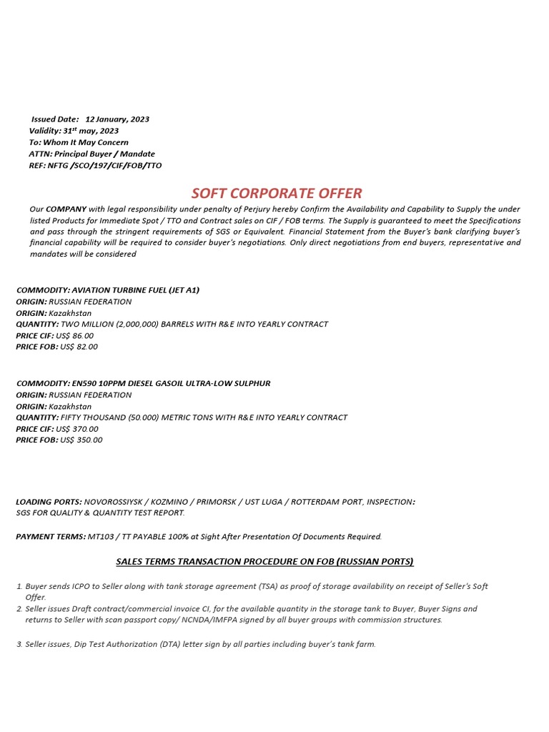 Soft Corporate Offer: Sales Terms Transaction Procedure On Fob (Russian ...