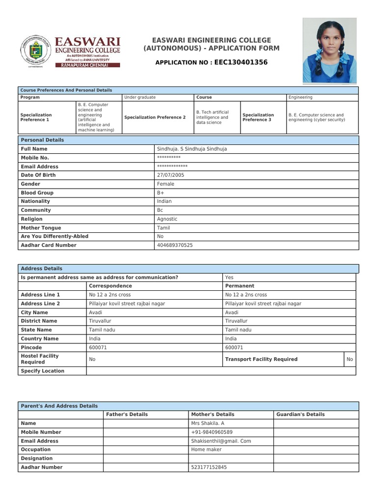 Easwari Engineering College (Autonomous) - Application Form | PDF ...
