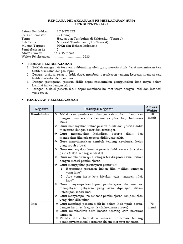 Rencana Pelaksanaan Pembelajaran (RPP) Berdiferensiasi | PDF ...