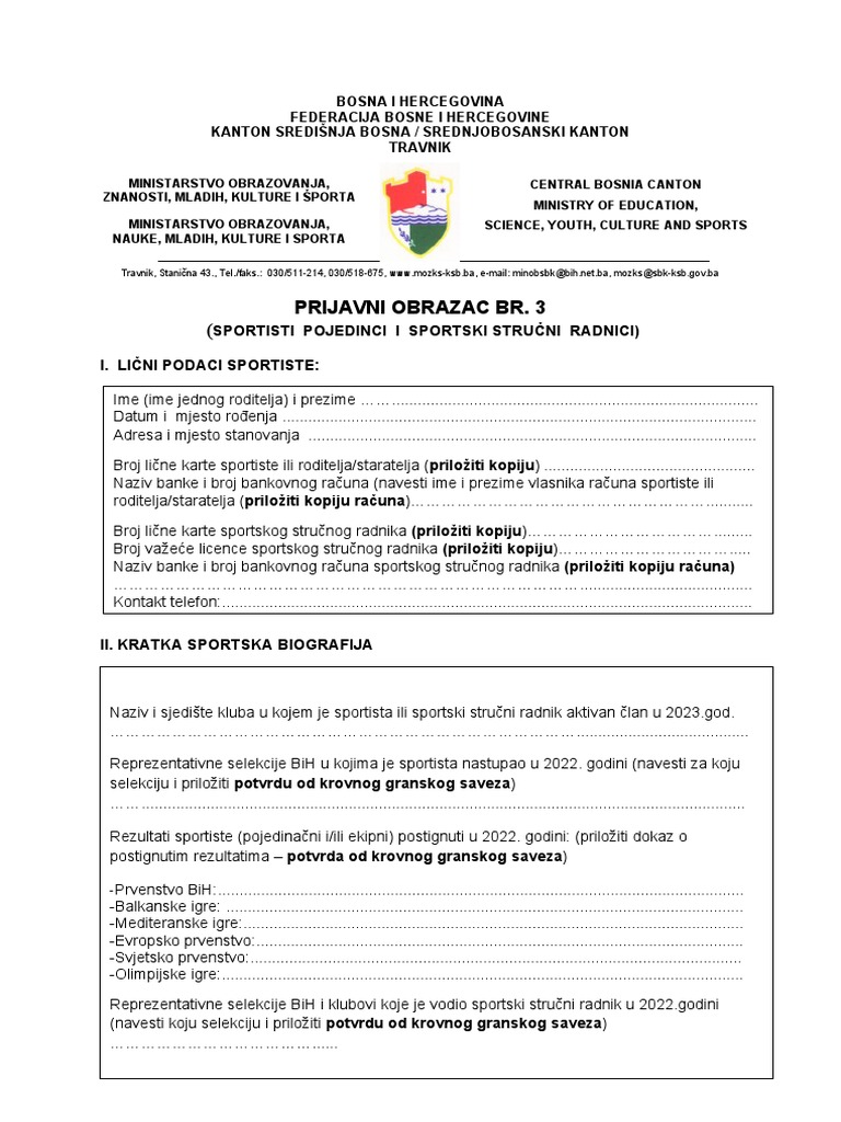 Prijavni Obrazac Br. 3 Sportisti Pojedinci I Sportski Strucni Radnici 3 | PDF