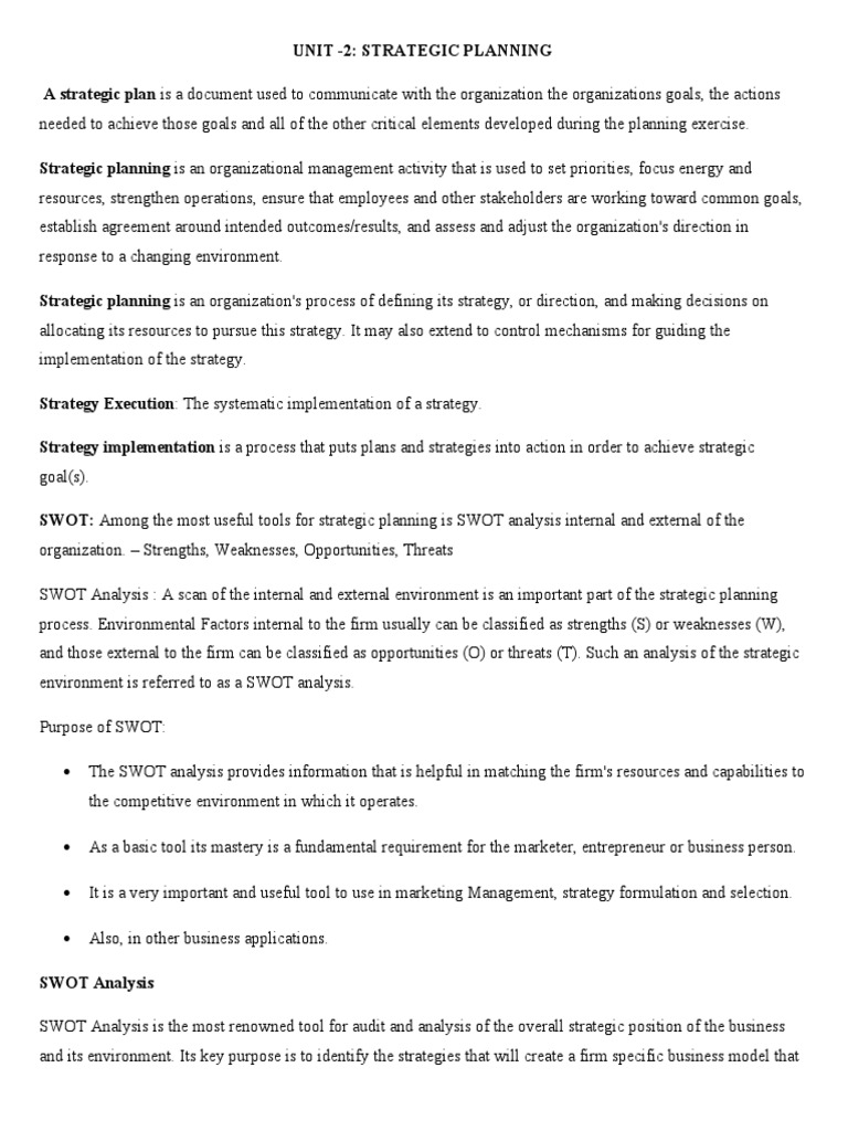 Strategic Planning (Unit-2) | PDF | Swot Analysis | Strategic Management