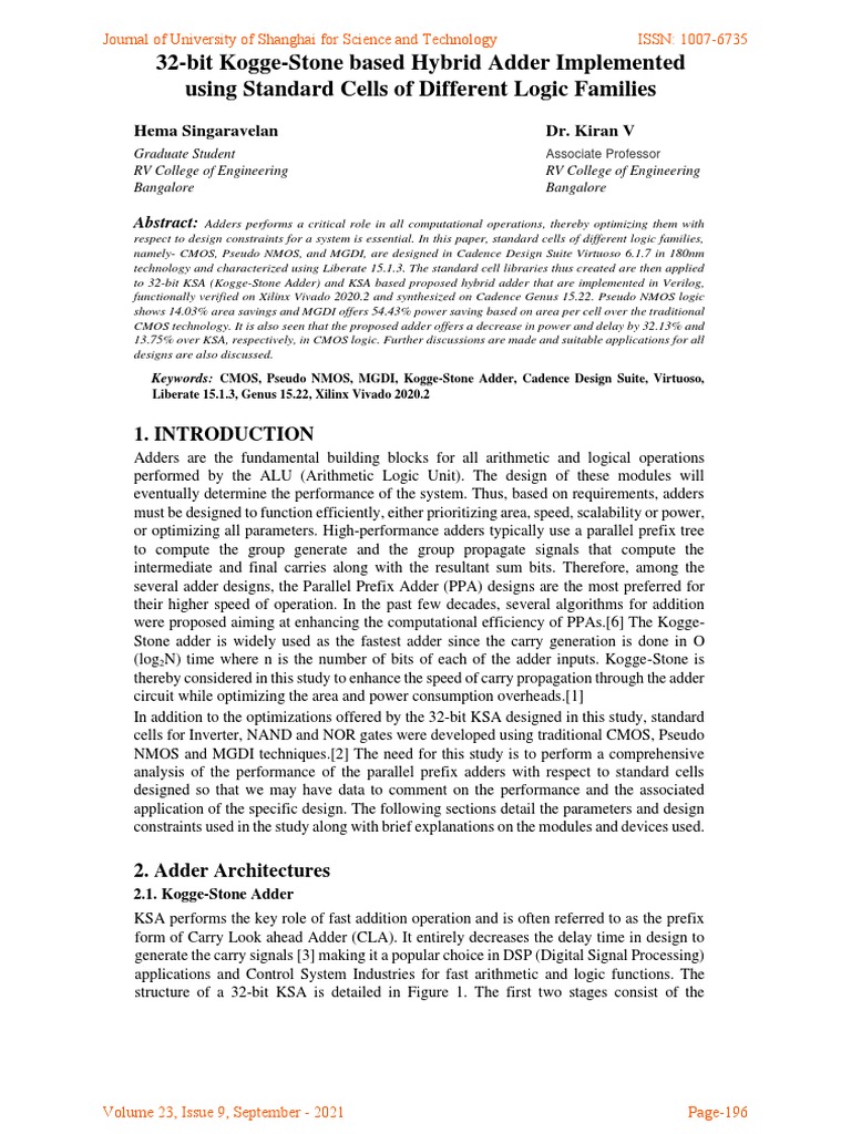 32 Bit Kogge Stone Based Hybrid Adder Implemented Using Standard Cells of Different Logic ...