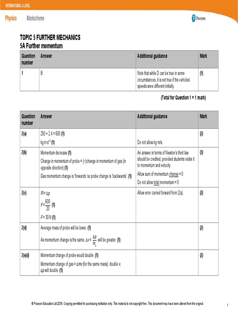 IAL - Physics - SB2 - Mark Scheme - 5A | PDF | Momentum | Quantity