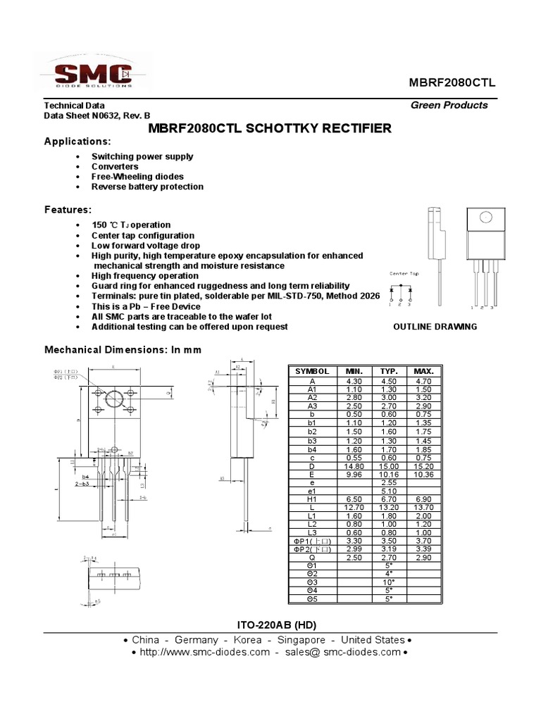 Mbrf2080Ctl Schottky Rectifier: Applications | PDF | Capacitor | Rectifier
