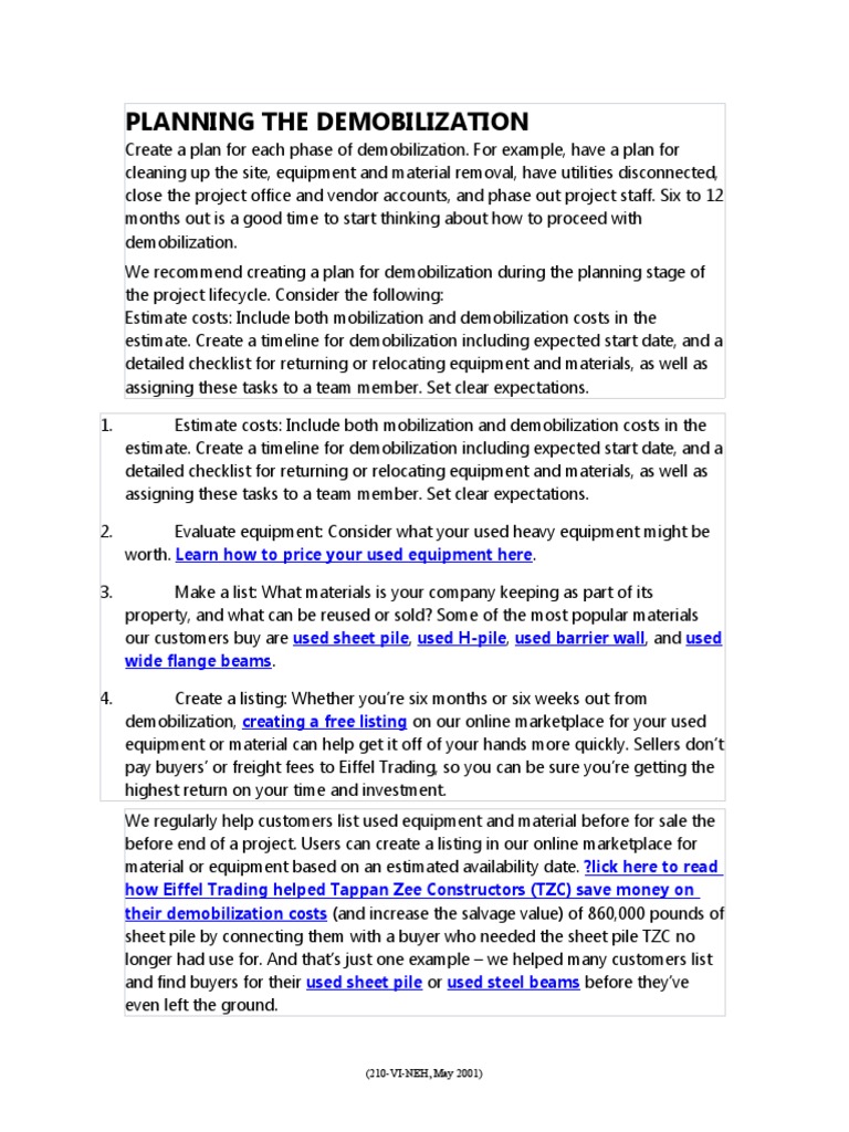 Planning The Demobilization: (210-VI-NEH, May 2001) | PDF | Procurement ...