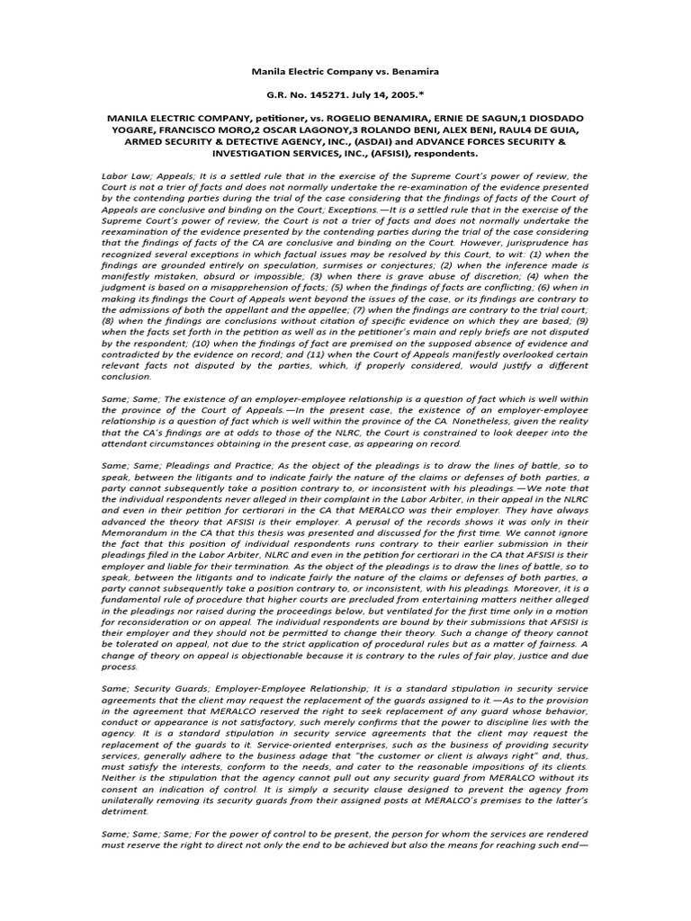 MERALCO V Benamira | PDF | Employment | Security Guard