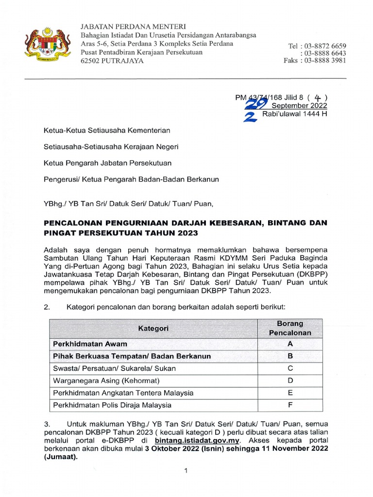 Pencalonan Pengurniaan Darjah Kebesaran Bintang Dan Pingat Persekutuan ...