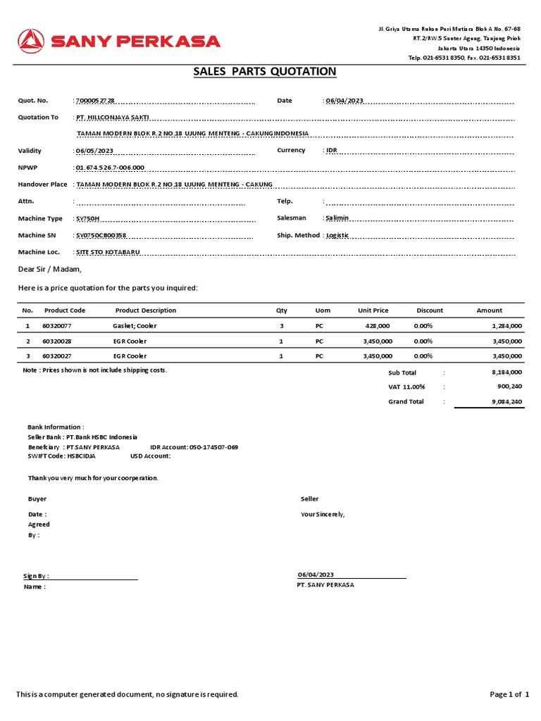 Sales Parts Quotation | PDF | Private Sector | Business