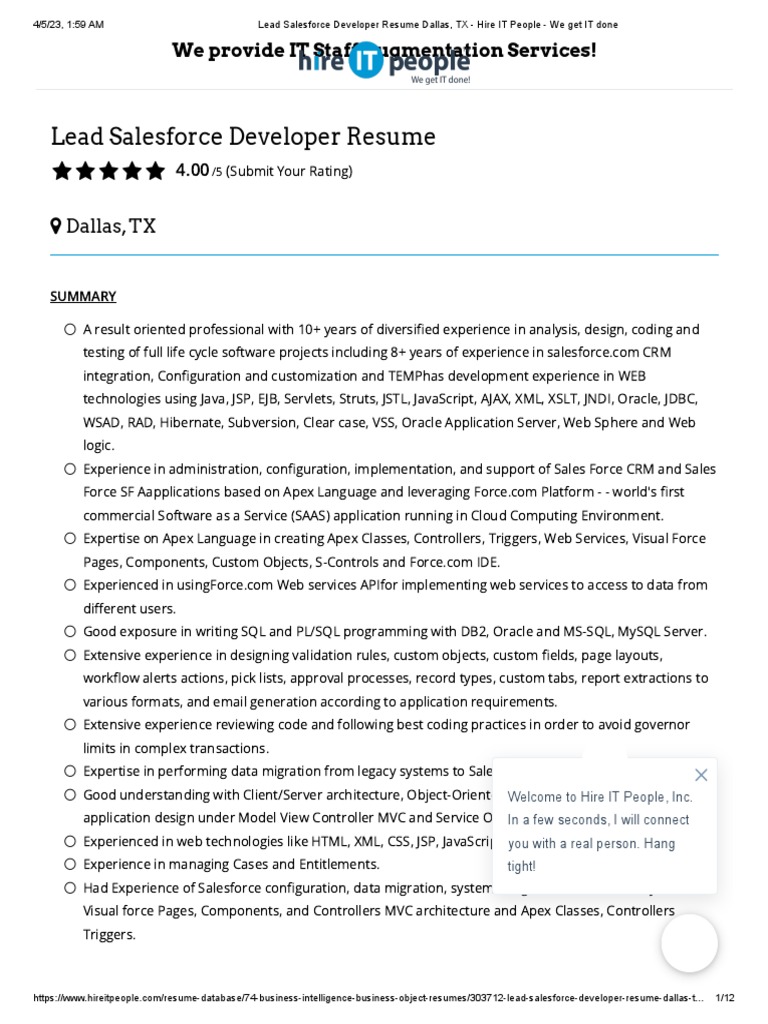 Lead Salesforce Developer Resume Highlighting Extensive Experience In Salesforce Development 9019