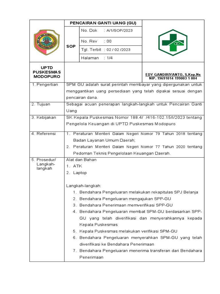 SOP Pencairan Ganti Uang Puskesmas | PDF | Pengelolaan Keuangan & Uang