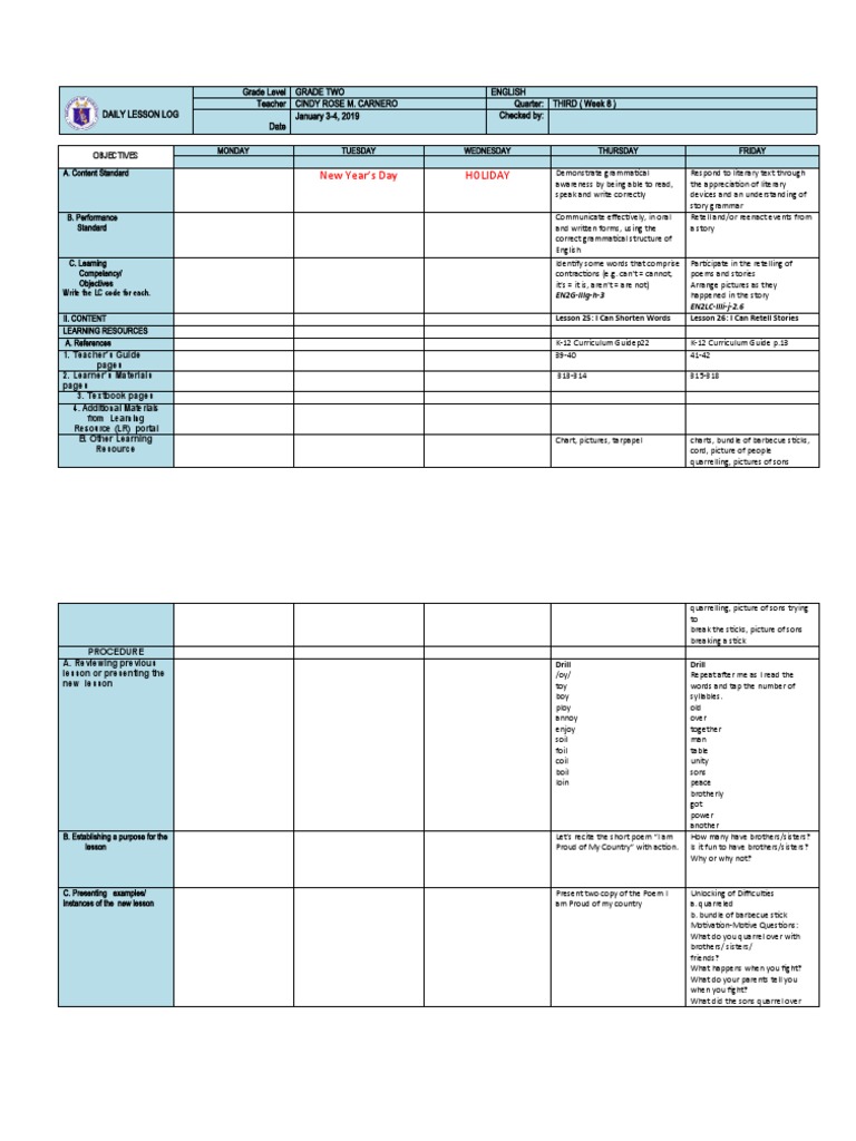English 2 Q3 Week 8 DLL | PDF | Curriculum | Learning