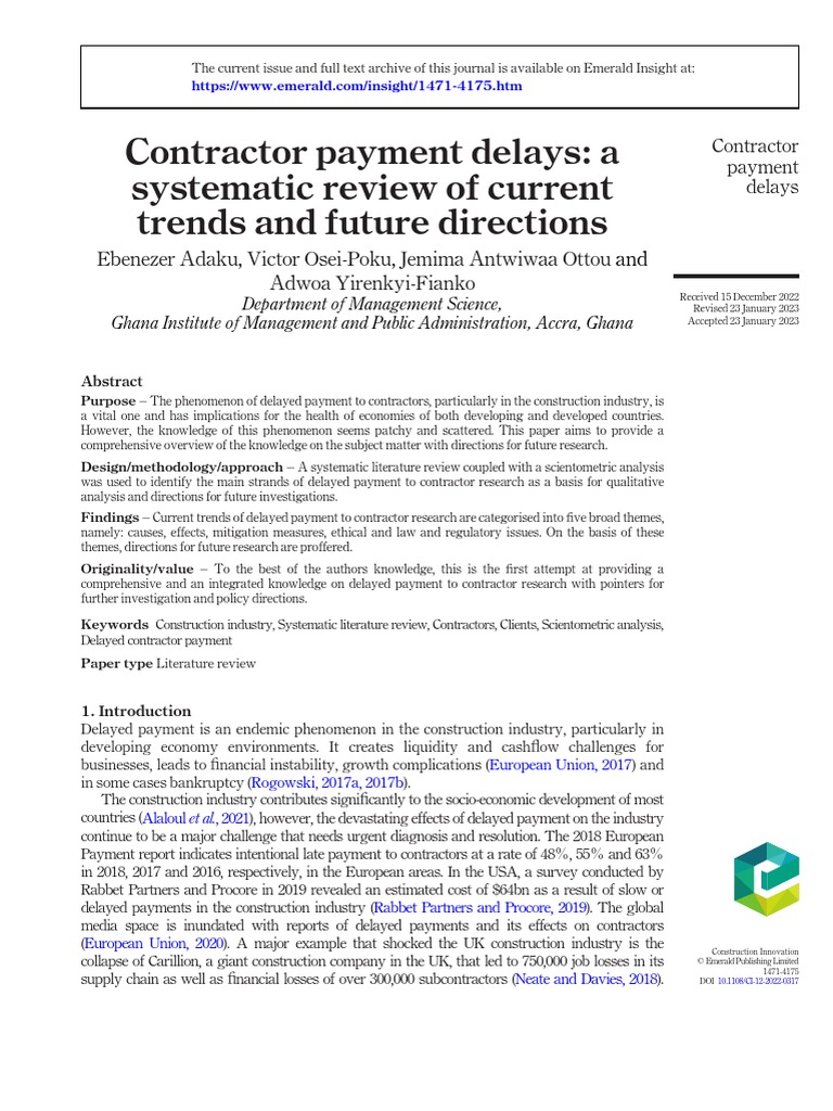 Contractor Payment Delays Pdf Systematic Review Science