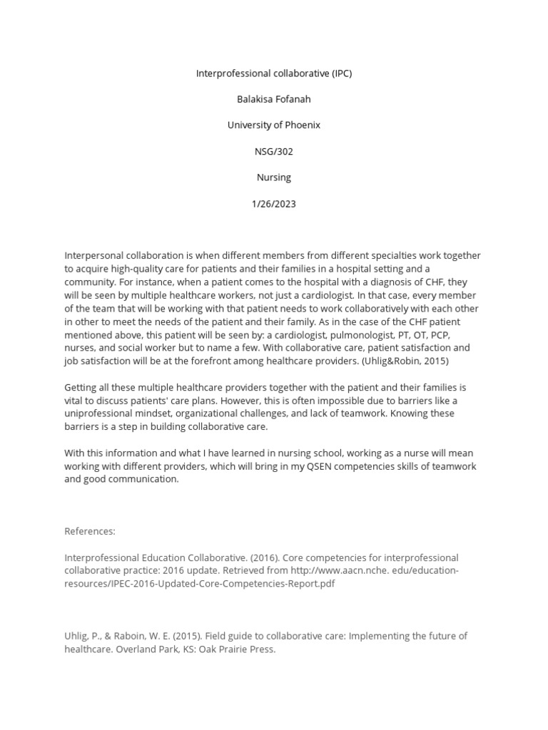 Interprofessional Collaborative (IPC) Balakisa Fofanah University of ...