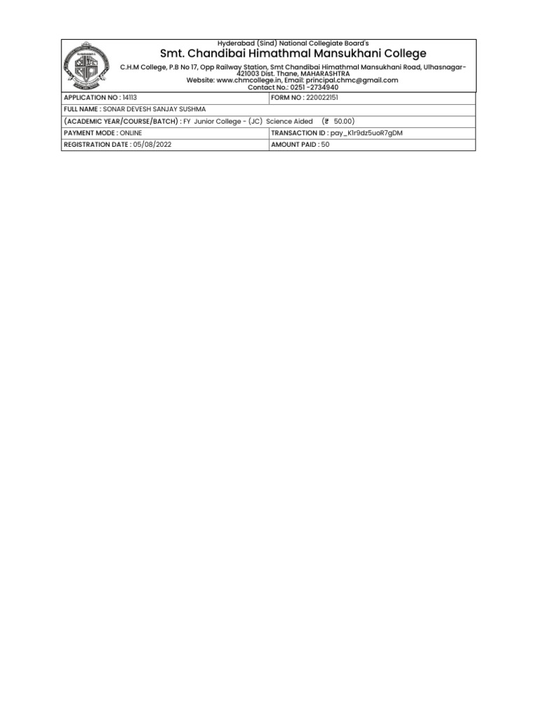 Smt. CHM College - Online Registration Form | PDF