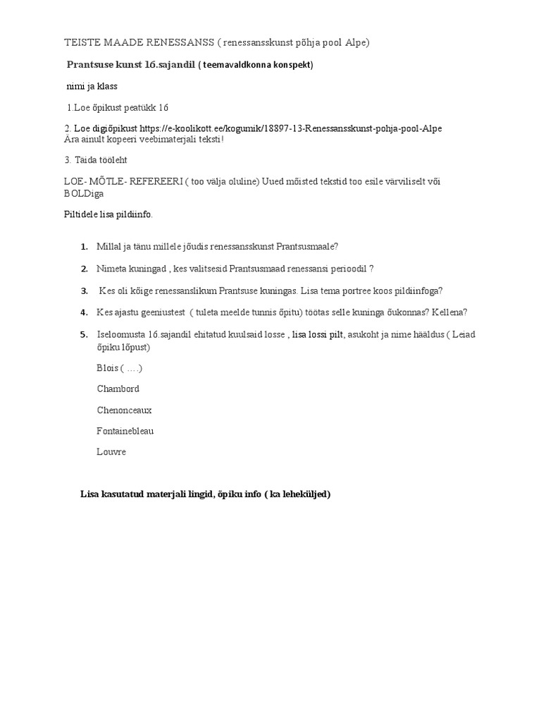 TEISTE MAADE RENESSANSS (Renessansskunst Põhja Pool Alpe) Prantsuse ...