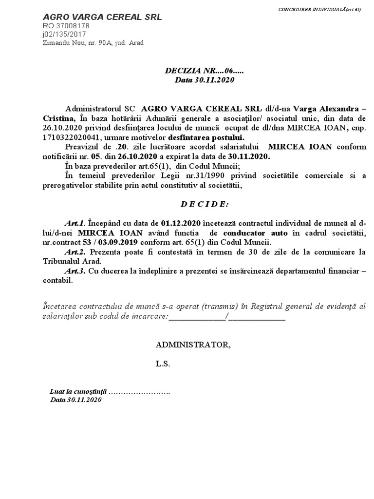 Decizie Incetare Contract de Munca Art 65 - Concedire Individuala | PDF