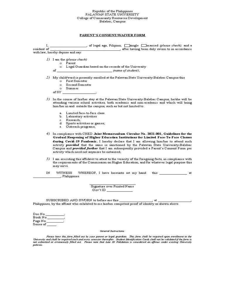 Parents Consent Form | PDF | Affidavit | Government