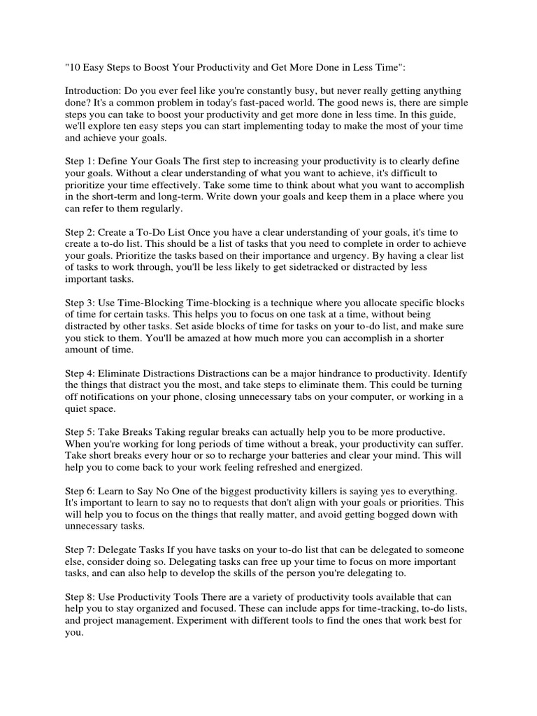 10 Easy Steps To Boost Your Productivity And Get More Done In Less Time Pdf Time Management 