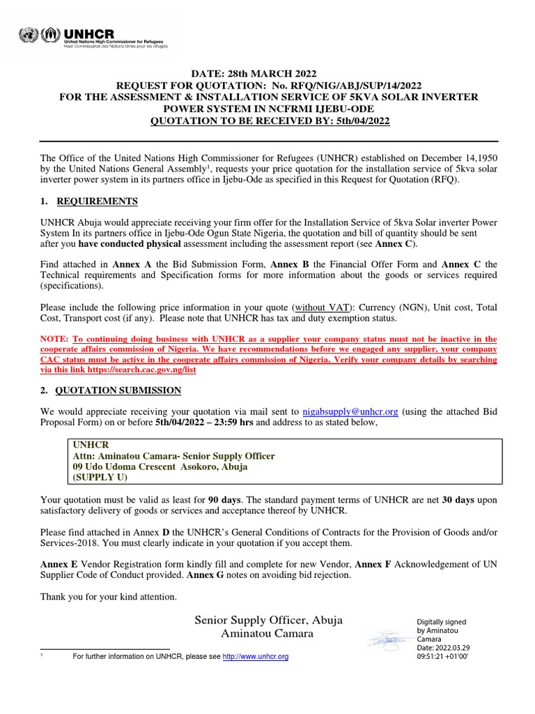 RFQ - NIG - ABJ - SUP - 14 - 2021 Request For Assessment Report Quotation For 5KVA Solar ...