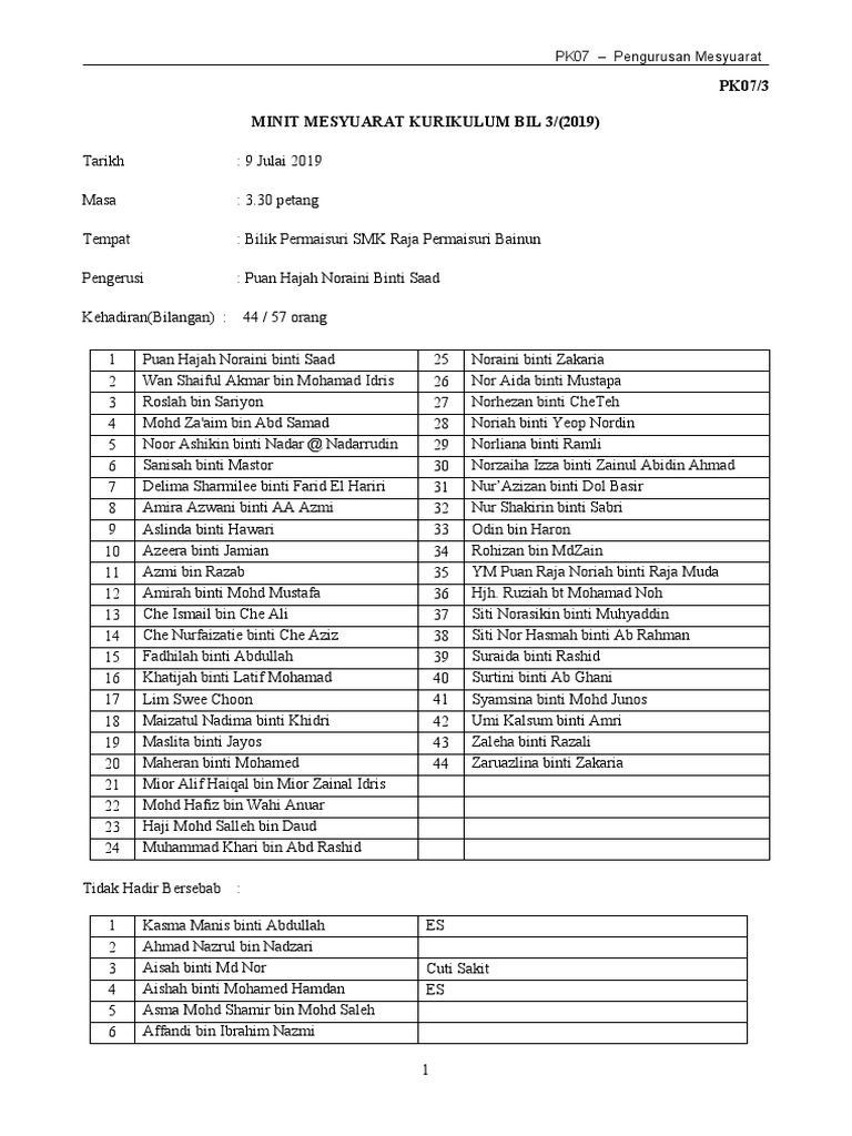 Minit Mesyuarat Kurikulum 3 | PDF