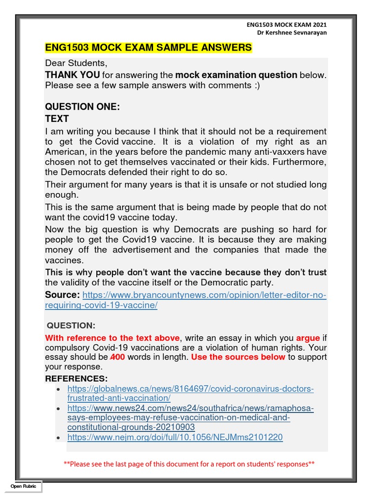 Eng1503 Mock Exam Sample Answers: THANK YOU For Answering The Mock ...