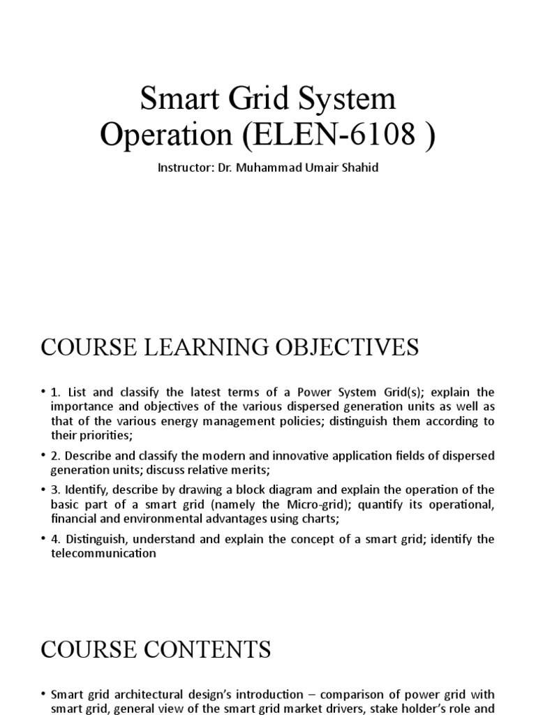 Smart Grid System Operation (ELEN-6108) Lec 1 | PDF