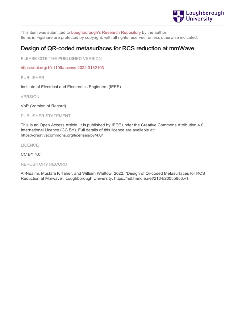 Design of Qr-Coded Metasurfaces For Rcs Reduction at Mmwave Design of Qr-Coded Metasurfaces For ...