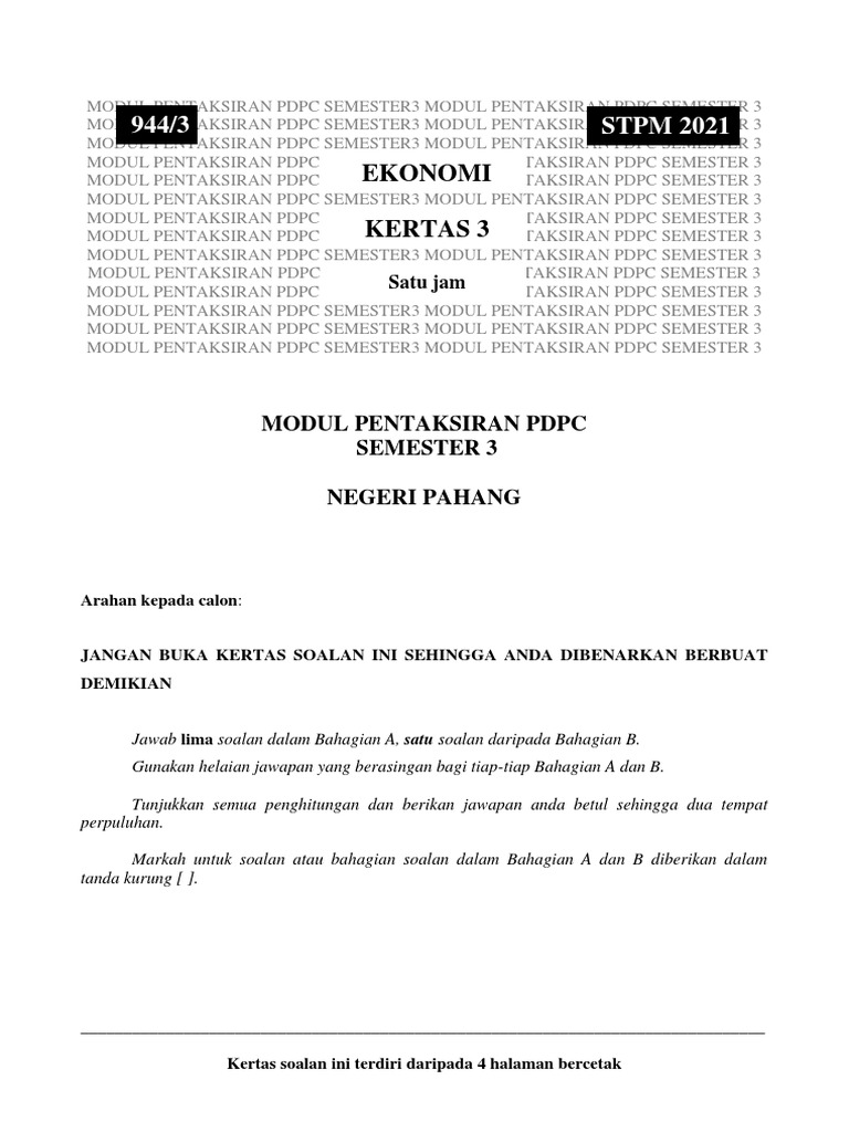 Soalan Percubaan Ekonomi Semester 3 Tahun 2021 | PDF