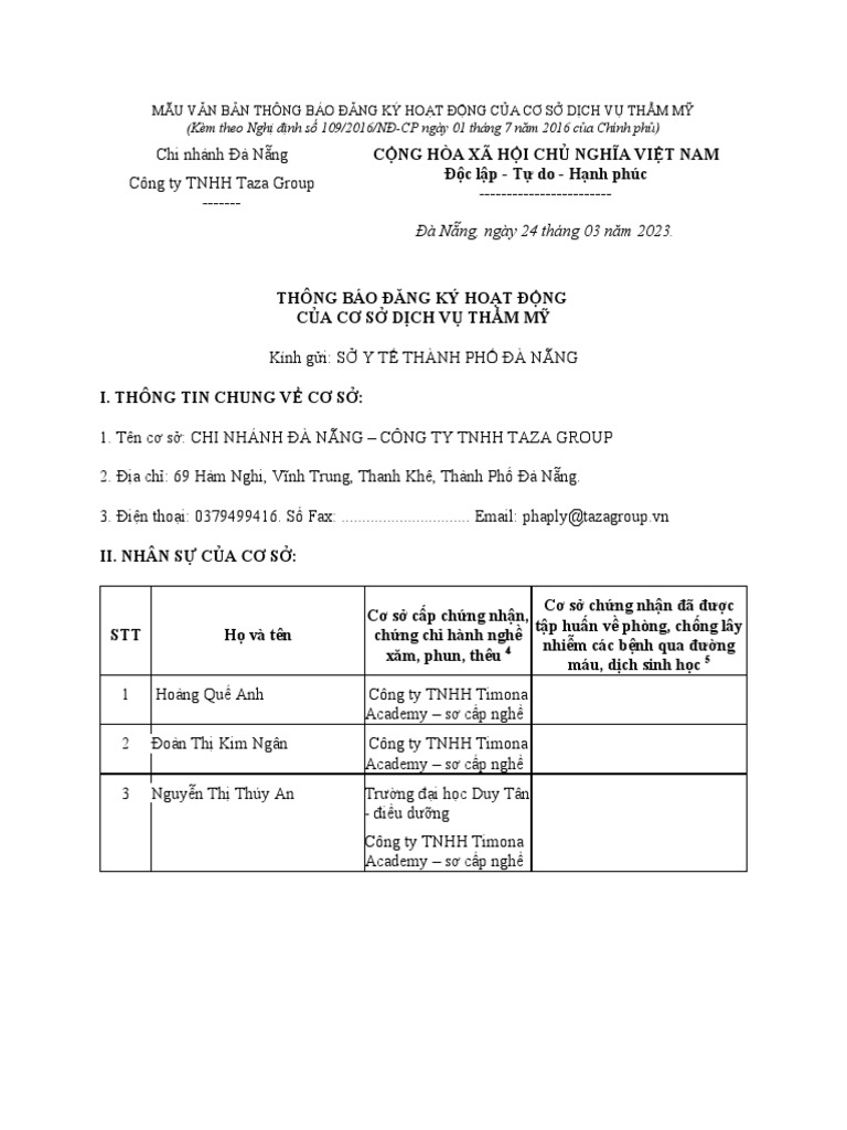 Mau Van Ban Thong Bao Dang Ky Hoat Dong Cua Co So Dich Vu Tham My | PDF