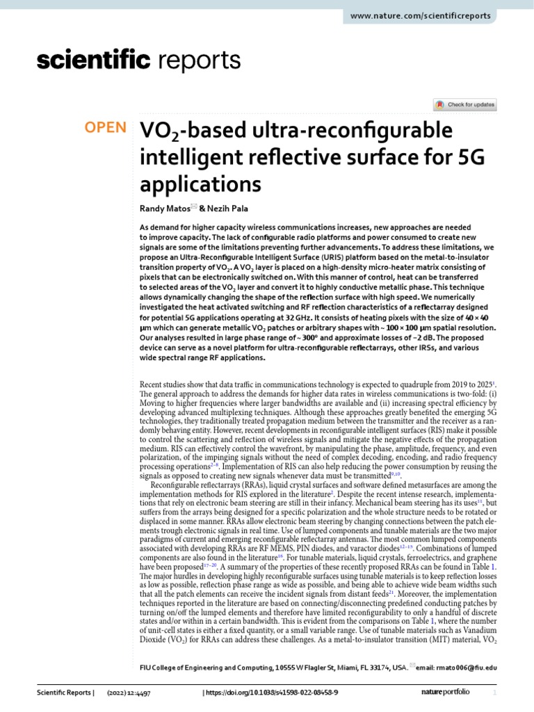 Vo2 Based Ultra Reconfigurable Intelligent Reflective Surface For 5g Applications Pdf