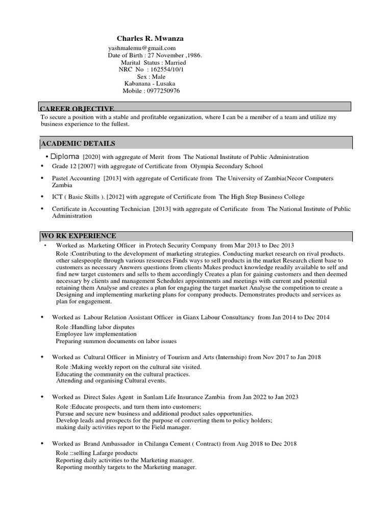 Charles Mwanza's Profession Resume | PDF | Loans | Insurance