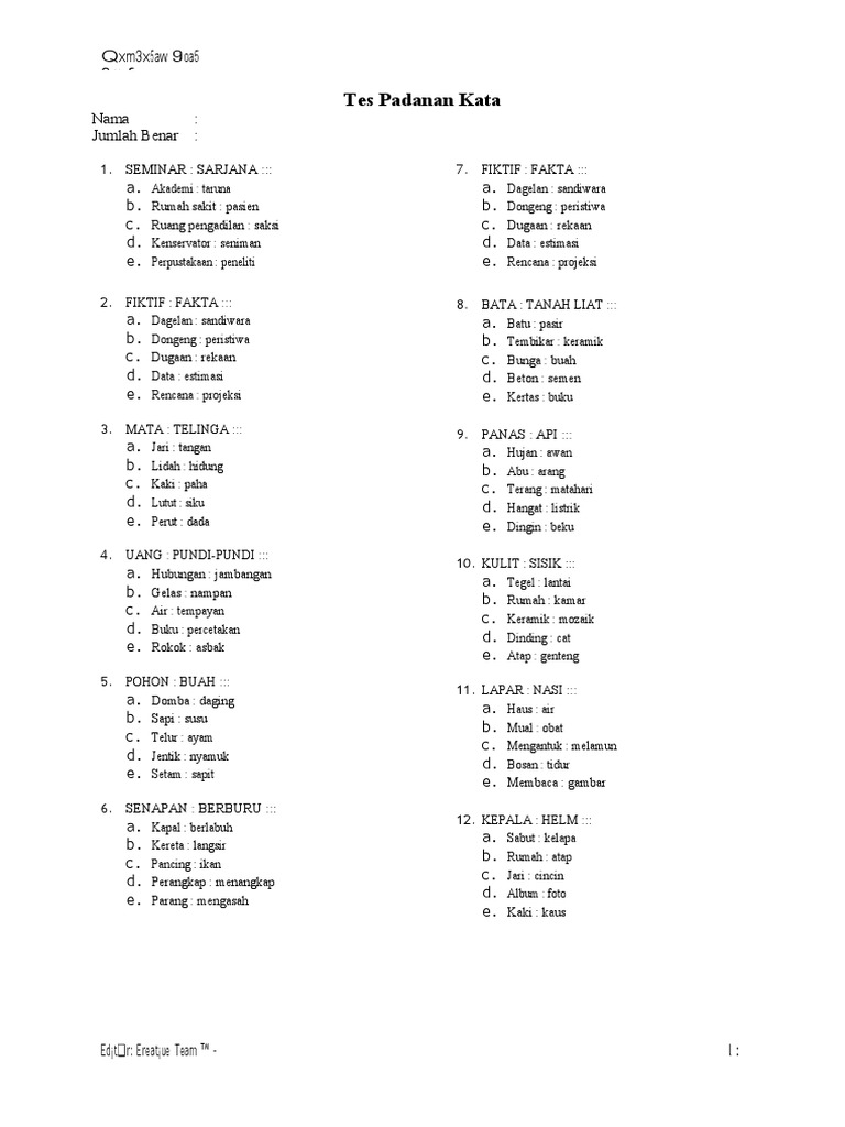 Psikotes 1 'Padanan Kata | PDF | Kajian Bahasa Asing