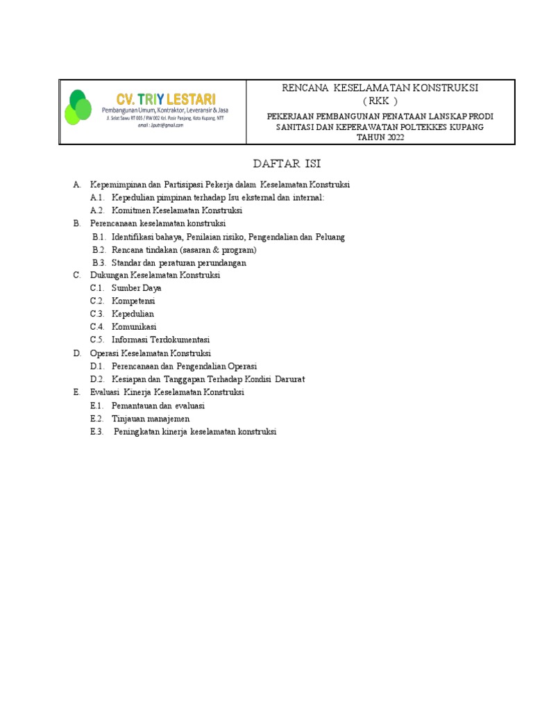 Daftar Isi: Rencana Keselamatan Konstruksi (RKK) | PDF