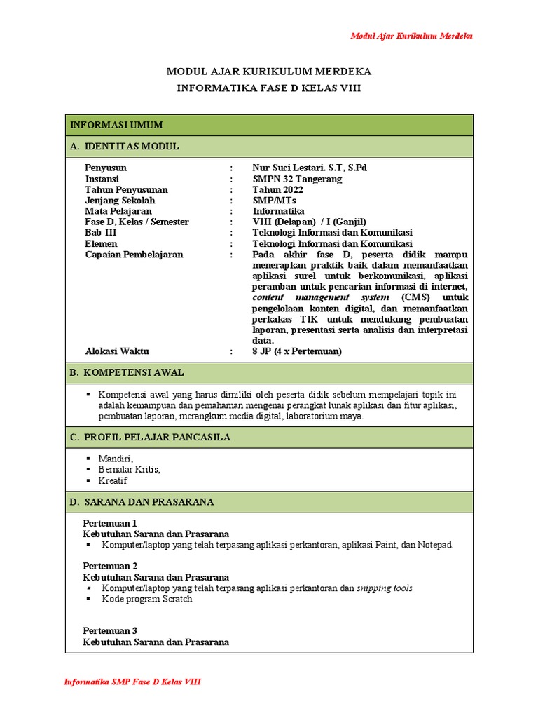 Modul Ajar - Bab 3 - Informatika - Kelas 8 - Nur Suci Lestari | PDF