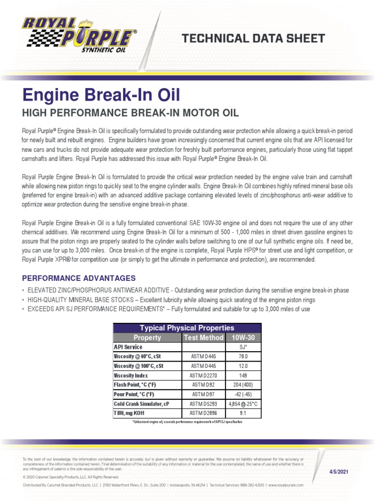 Royal Purple Engine Break in Oil PDS 01apr2021 | PDF | Motor Oil ...