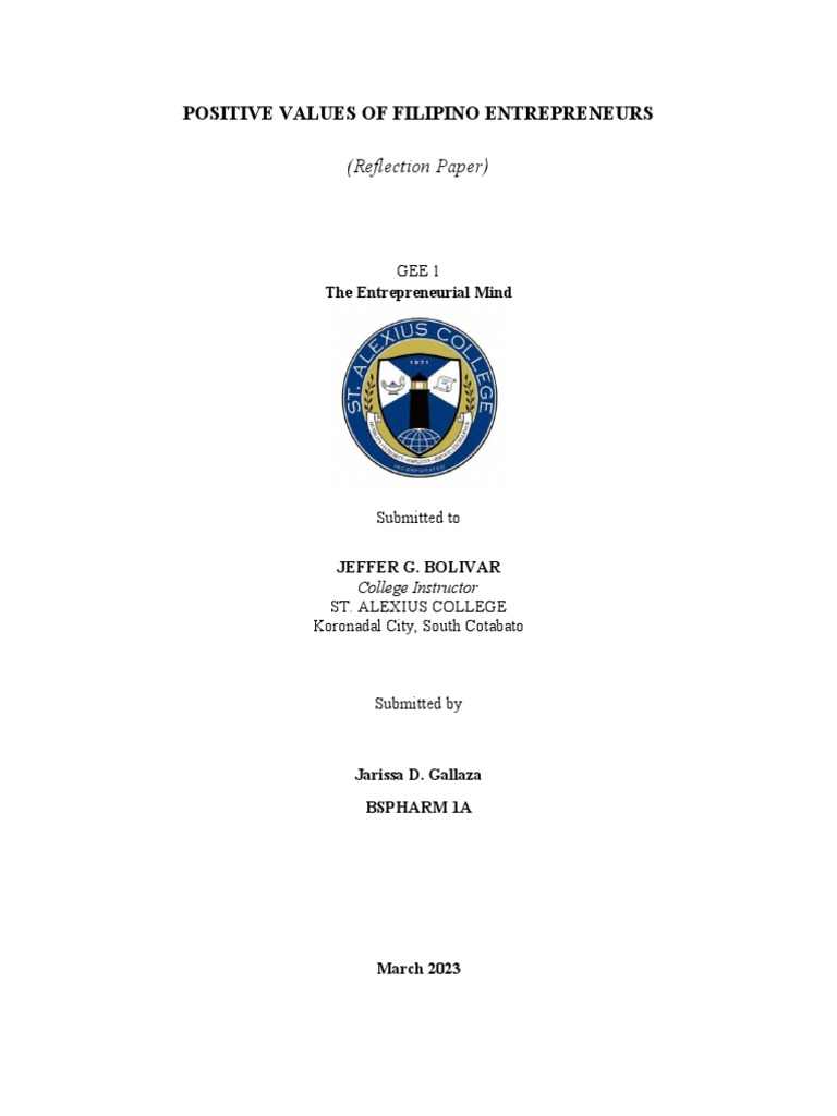 Positive Values of Filipino Entrepreneurs: (Reflection Paper) | PDF ...