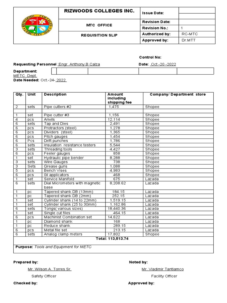 Requisition Slip 1 7 | PDF | Tools | Equipment