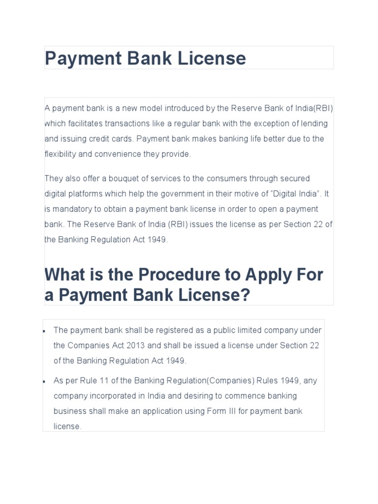 Payment Bank License | Download Free PDF | Banks | Reserve Bank Of India