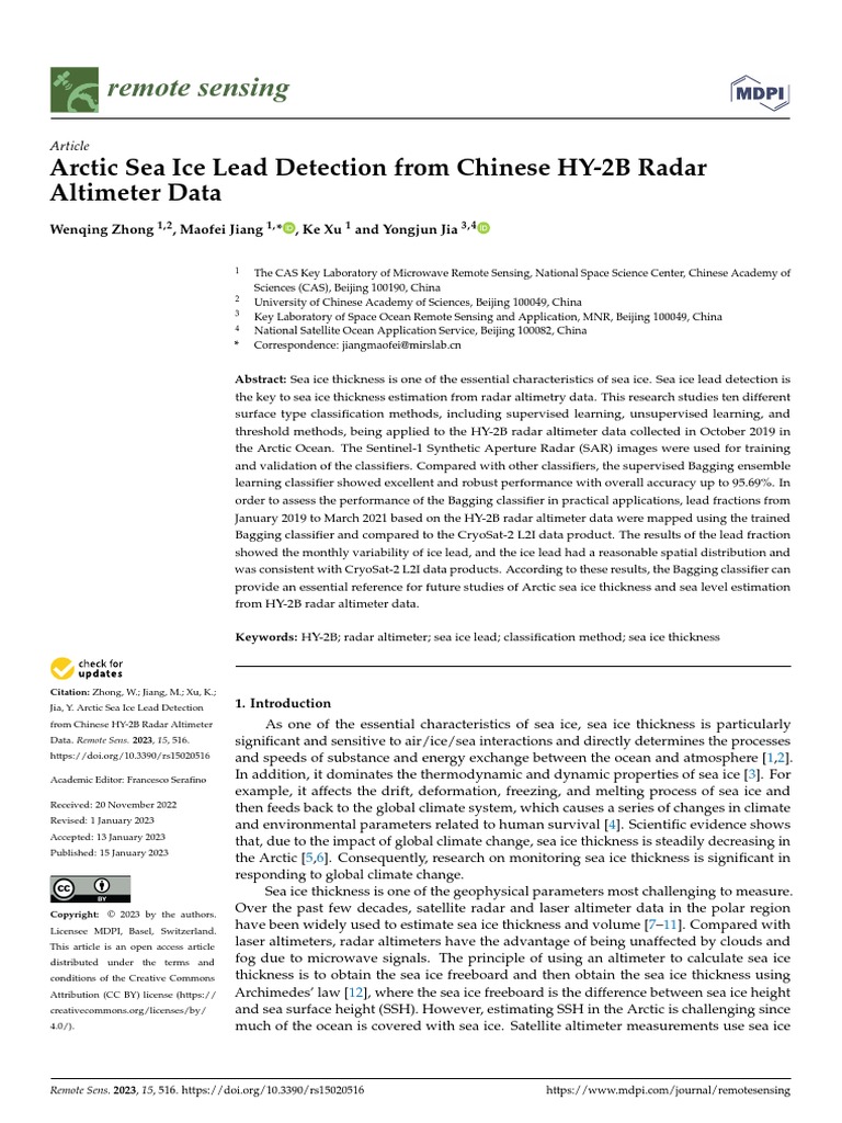 Remote Sensing: Arctic Sea Ice Lead Detection From Chinese HY-2B Radar ...