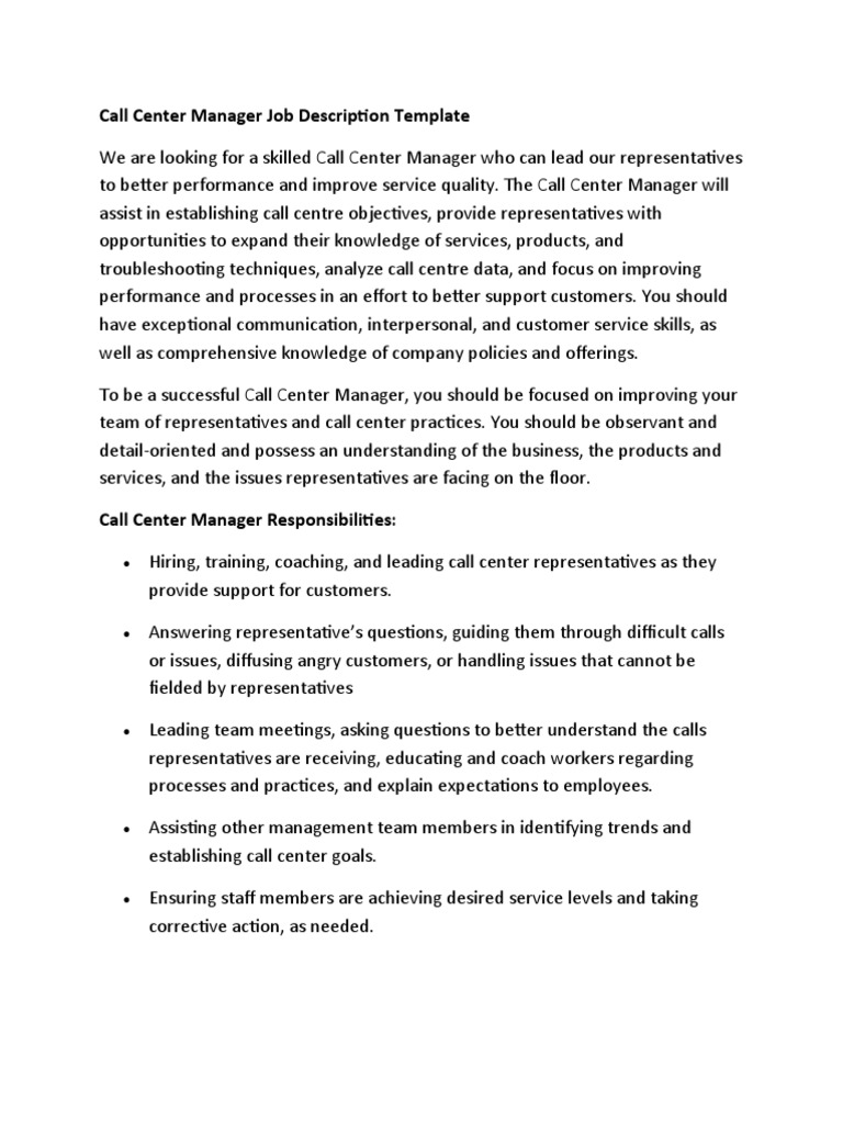 Call Center Manager Job Description Template | PDF | Call Centre ...