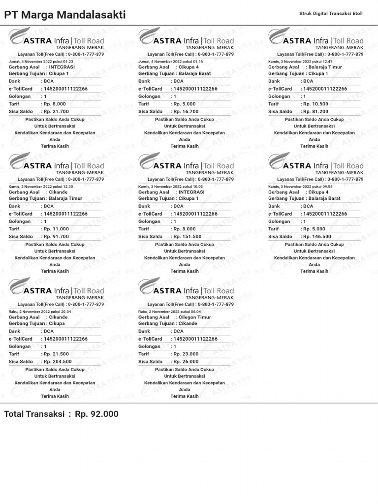 Struk Transaksi ASTRA Infra Toll Road - 203770 | PDF