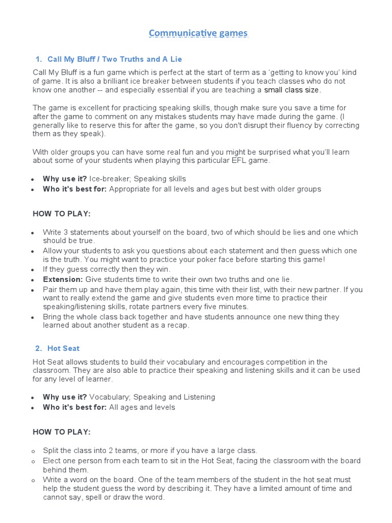 Communicative Games: 1. Call My Bluff / Two Truths and A Lie | Download ...