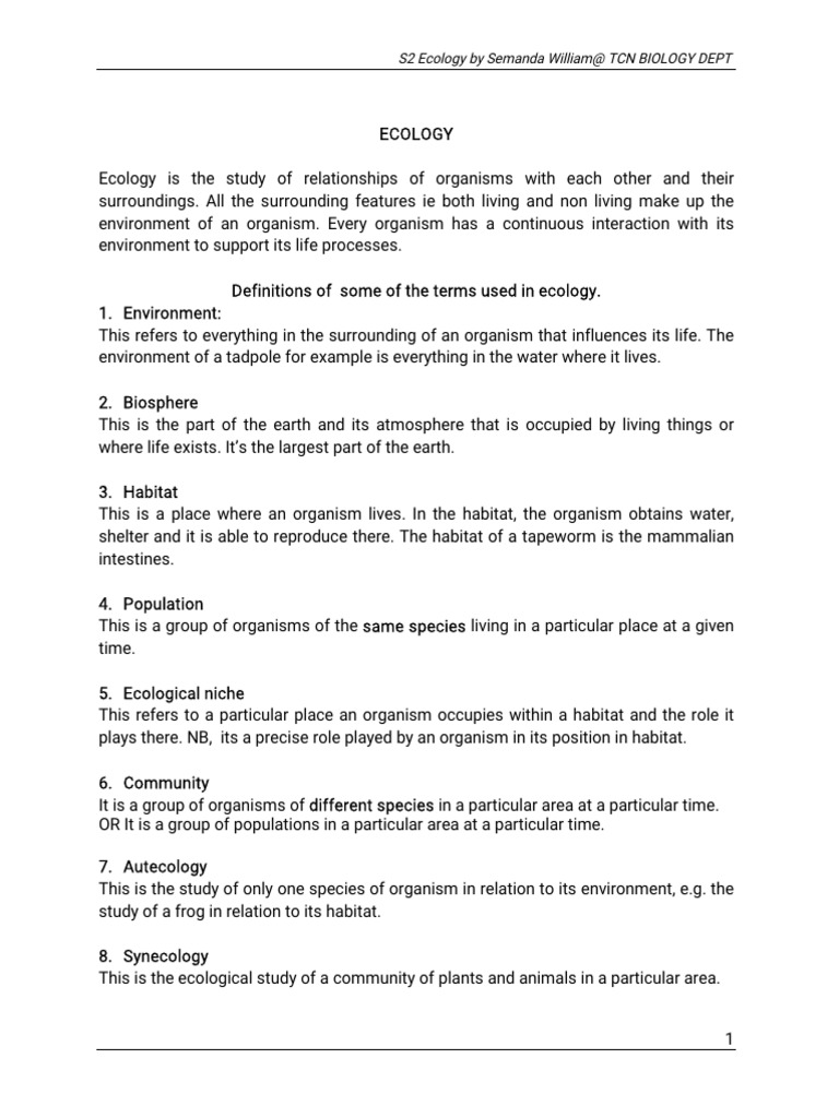 S.2 Biology Class Ecology Notes | PDF
