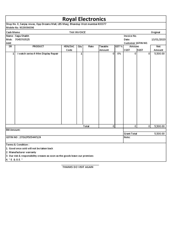 Royal Electronics: Tax Invoice | PDF