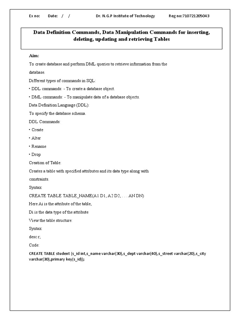 Data Definition Commands, Data Manipulation Commands For Inserting, Deleting, Updating and ...