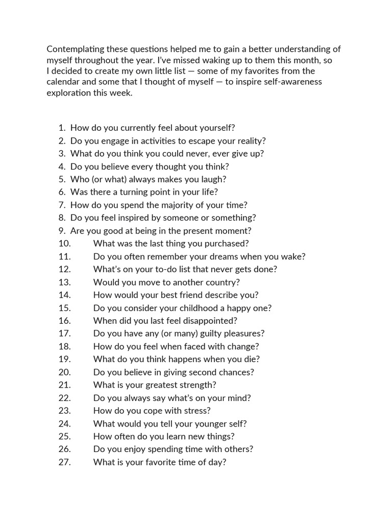 75 Questions For Cultivating Self-Awareness | PDF | Cognition ...