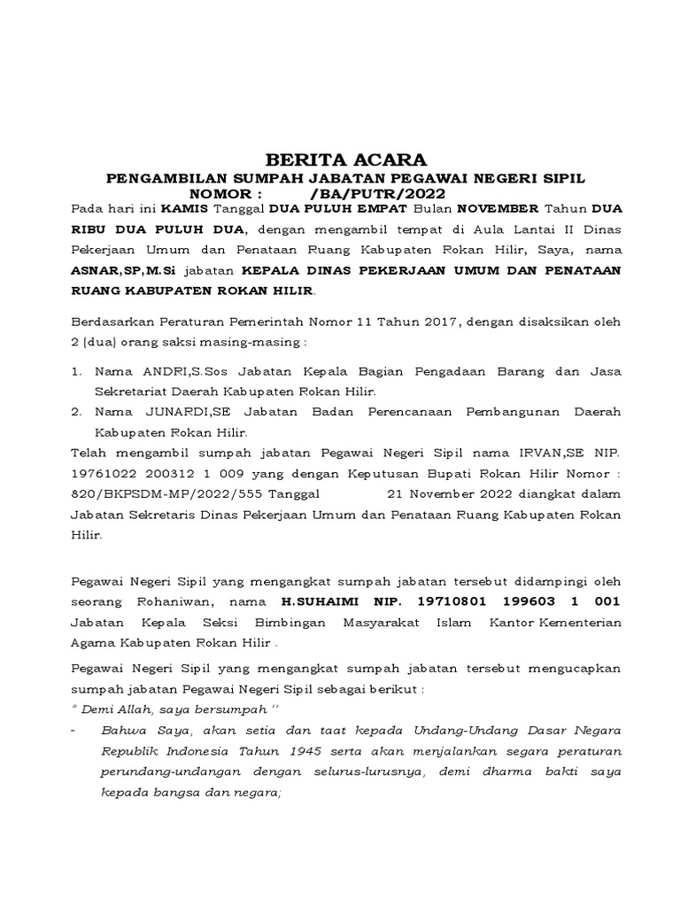 BERITA ACARA PENGAMBILAN SUMPAH JABATAN Pak Sekre | PDF