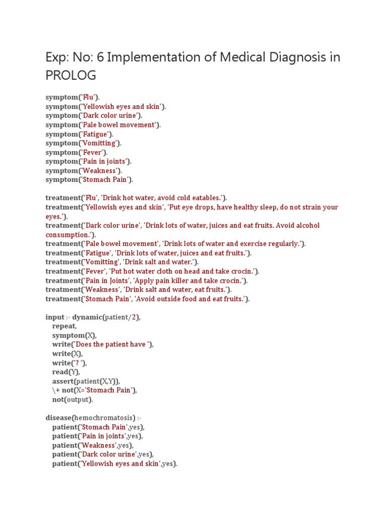 Exp: No: 6 Implementation of Medical Diagnosis in Prolog | PDF | Wellness